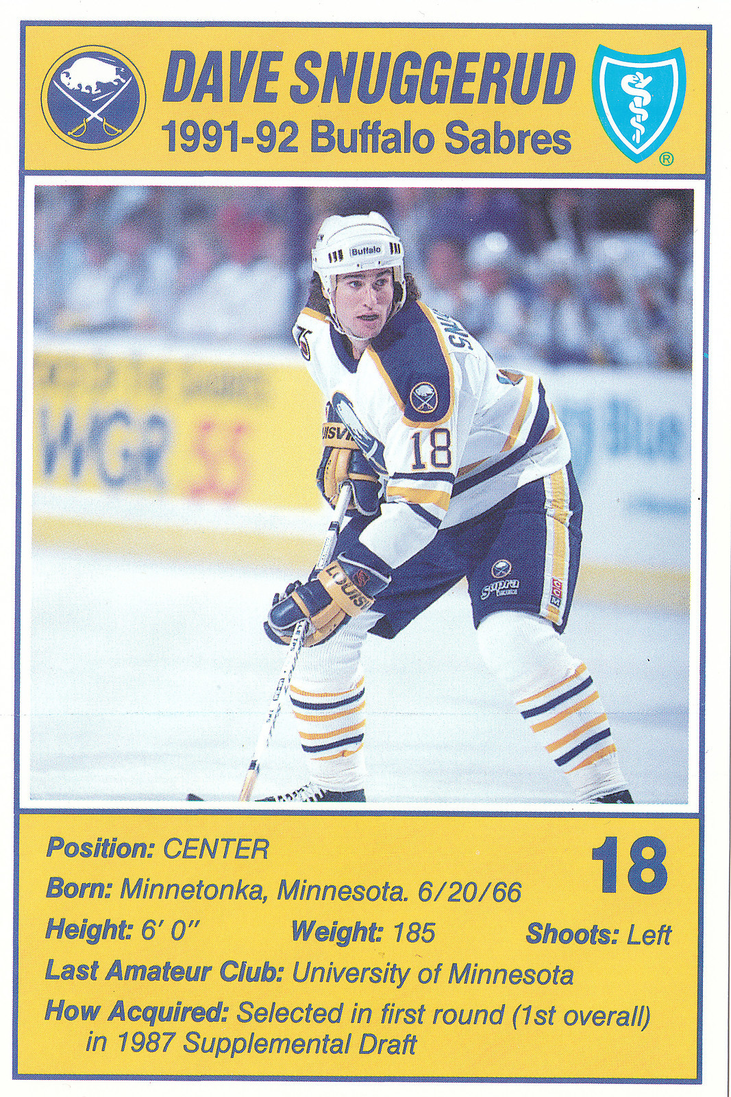 91-92 BUFFALO SABRES BLUE SHIELD POSTCARD #18 DAVE SNUGGERUD | eBay