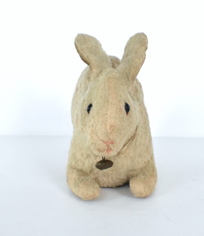 RARE STEIFF ANTIQUE RABBIT BABY RATTLE Wool Plush Easter Bunny Early ...