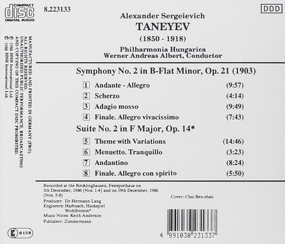 Werner Andreas Albert TANEYEV, A. S.: Symphony No. 2 / Suite No. 2 (CD ...