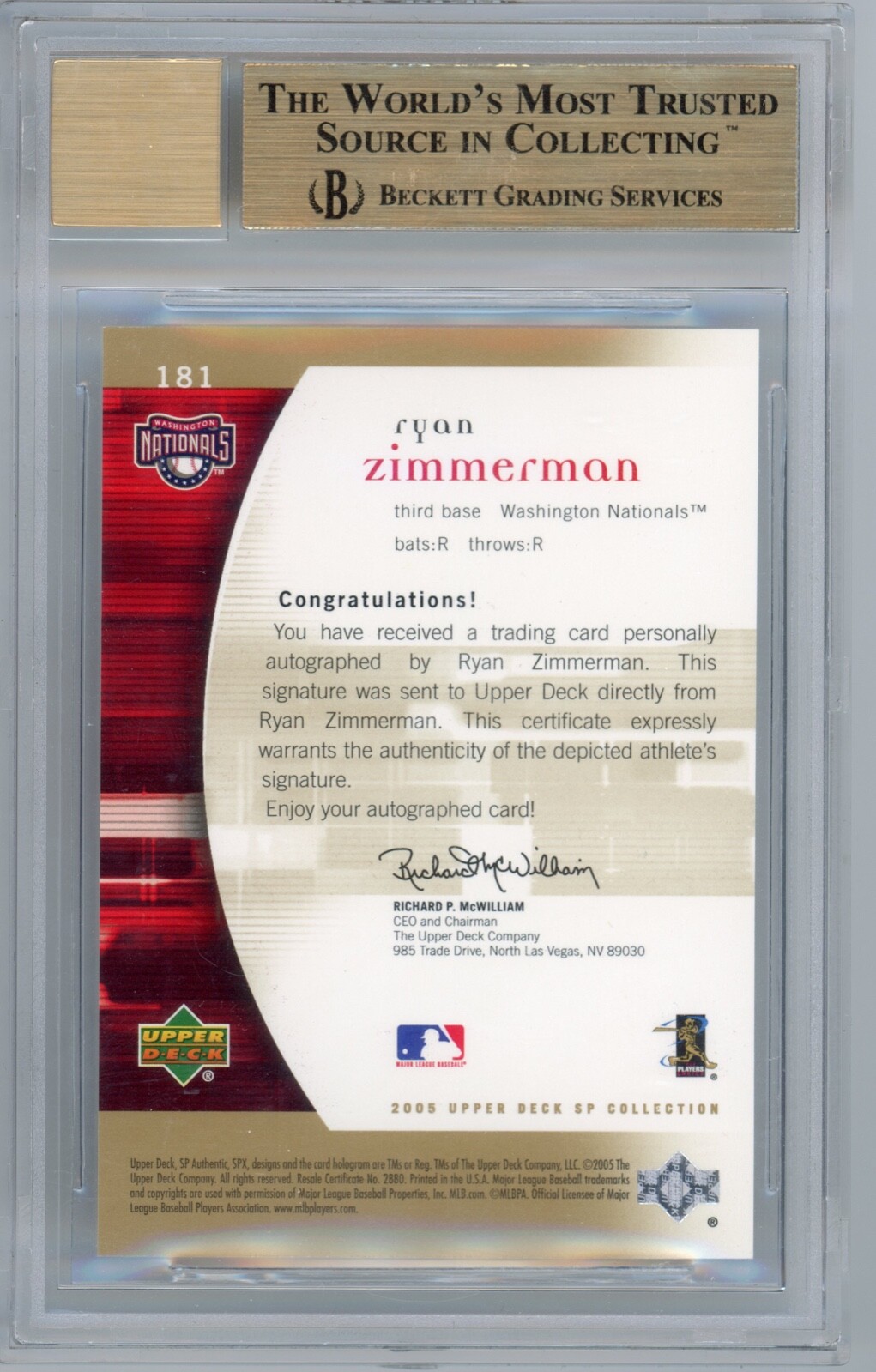2005 SP Authentic * RYAN ZIMMERMAN * Auto RC Autograph GOLD #2/10 * BGS ...