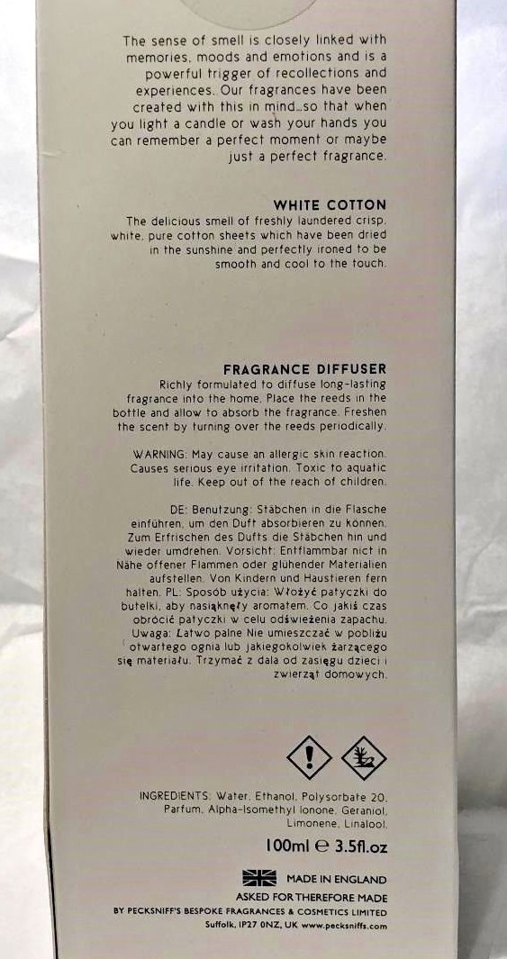 Pecksniff's~WHITE COTTON~Fresh~Clean~FRAGRANCE ROOM DIFFUSER + REEDS~3 ...