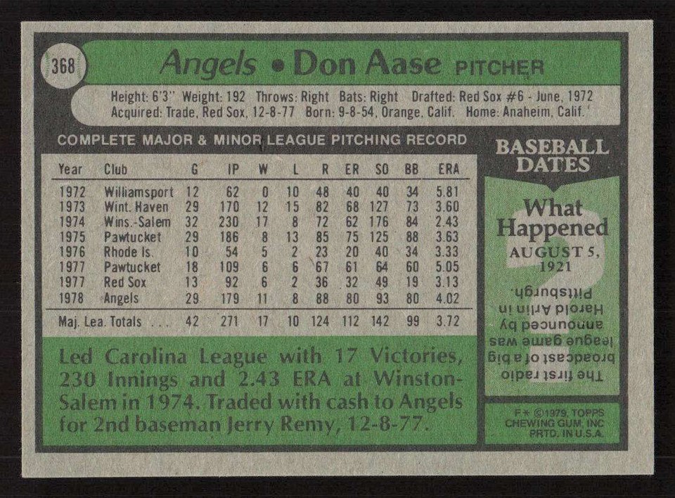 Don Aase 1979 Topps #368 California Angels VG {0416 | eBay
