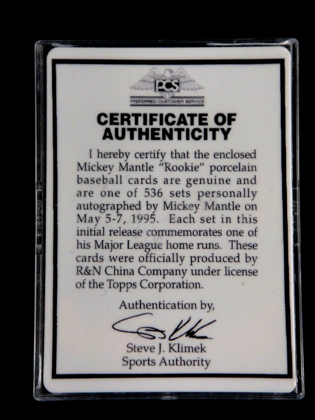 MICKEY MANTLE BECKETT SIGNED 1952 TOPPS ROOKIE PORCELAIN CARD #311 ...