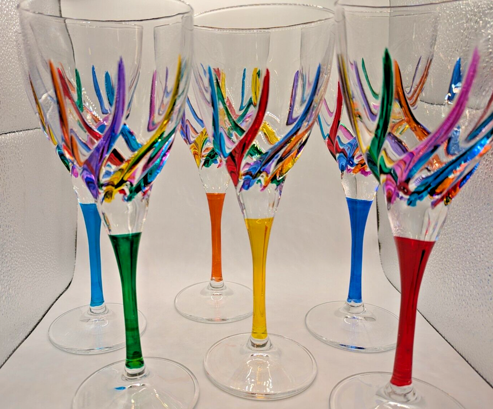 CC ZECCHIN MURANO Wine Glass, Rainbow Swirl Pattern 8-1/8” Tall, Set of ...
