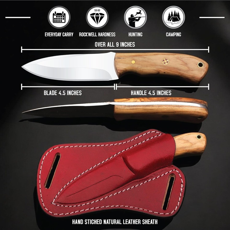 9” Handmade Tracker Hunting Knife Full Tang Leather Sheath | Rosewood ...