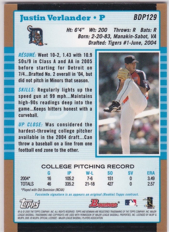 JUSTIN VERLANDER ROOKIE CARD 2005 Bowman RARE GOLD VERSION $$ RC ...