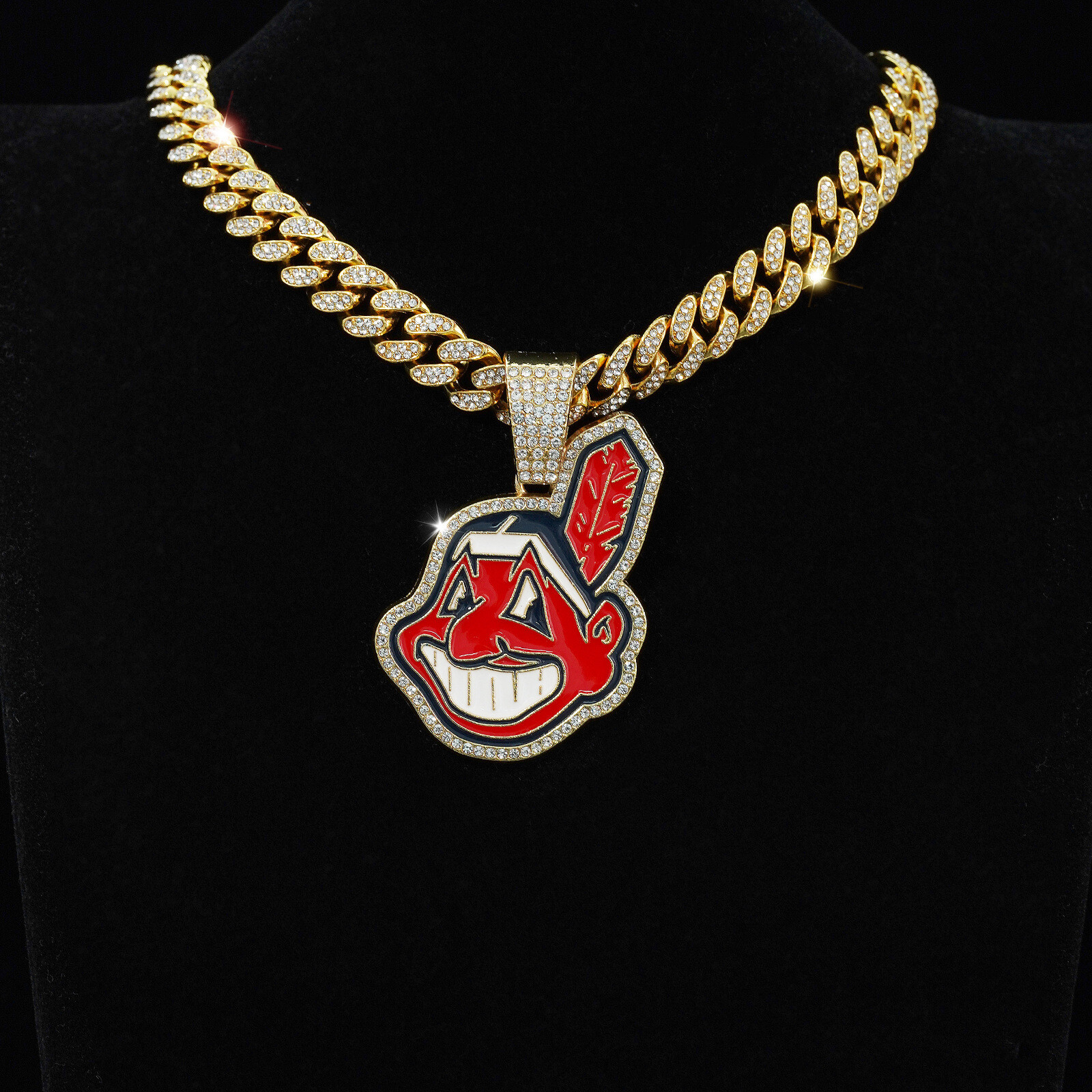 CLEVELAND INDIANS WAHOO GEM NECKLACE Gold Hip Hop Bling Pendant & 20-36 ...