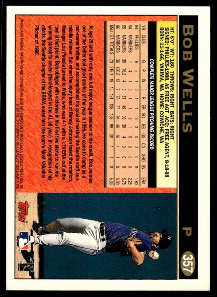 1997 Topps Baseball Card Bob Wells oikj Seattle Mariners #357 | eBay