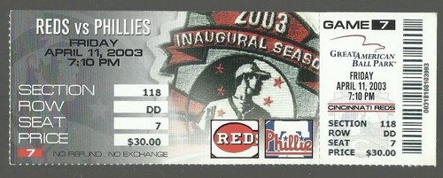 4/11/03 REDS-PHILLIES FULL TICKET EX/MT+ AUSTIN KEARNS 2 HOME RUNS 4 ...