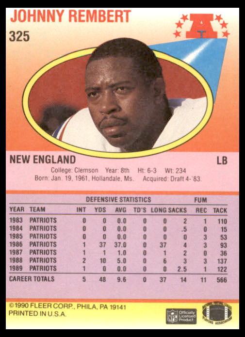 1990 Fleer #325 Johnny Rembert New England Patriots | eBay