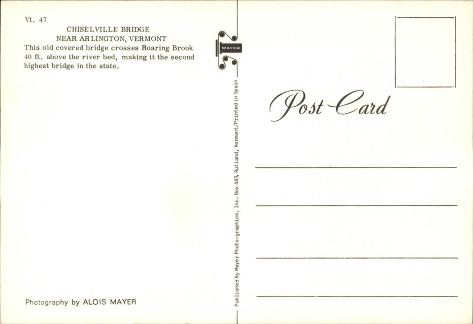 Chiselville Covered Bridge Arlington Vermont Roaring Brook ~ postcard ...