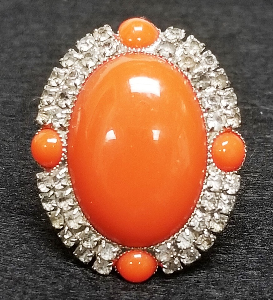 Vintage High End Rhinestone & Faux Coral Oval Shape Silver Tone ...