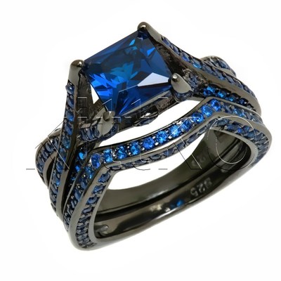 Princess Cut Blue cz Black 925 Silver Bridal Engagement & Wedding Ring ...