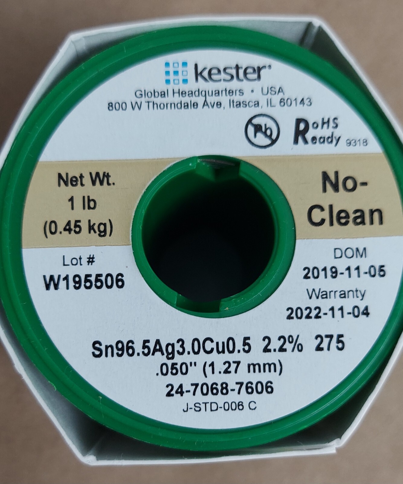Kester 24-7068-7606 Solder Wire, Lead Free, Sn96.5Ag3.0Cu0.5, 2.2%/275 ...