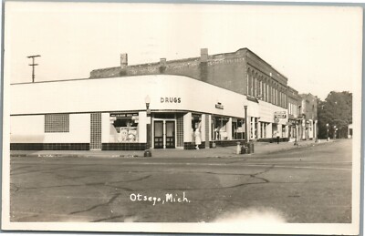 OTSEGO MI STREET SCENE w/ DRUGS STORE VINTAGE REAL PHOTO POSTCARD RPPC ...