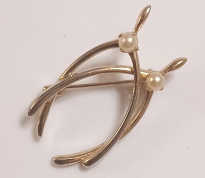 Vintage Double Wishbone Brooch Pin Two Faux Pearls Gold Tone | eBay