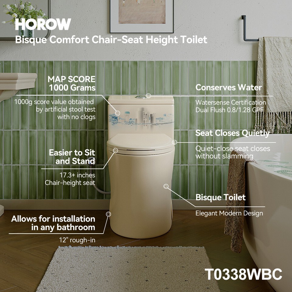 HOROW T0338WBC Elongated One Piece Toilet Bisque, ADA Toilet 17.3" 12 ...