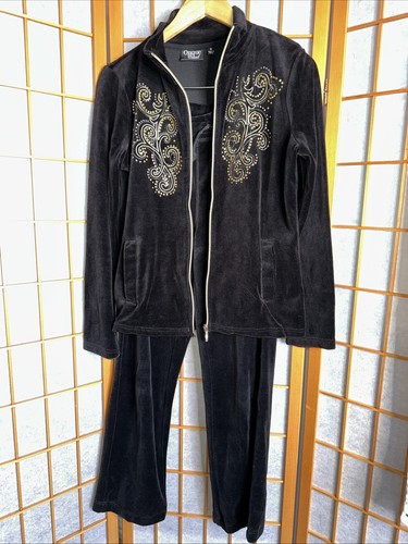Onque Casuals Women’s Track Suit 2 Piece Black Velour Gold Embellished ...