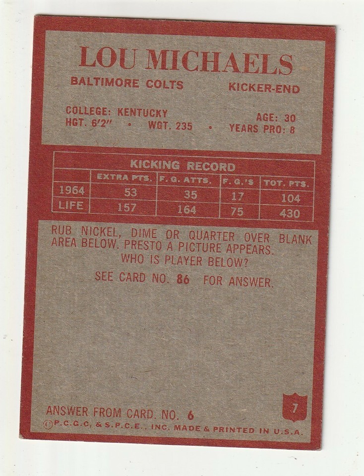 lou michaels 1965 philadelphia football #7 colts | eBay