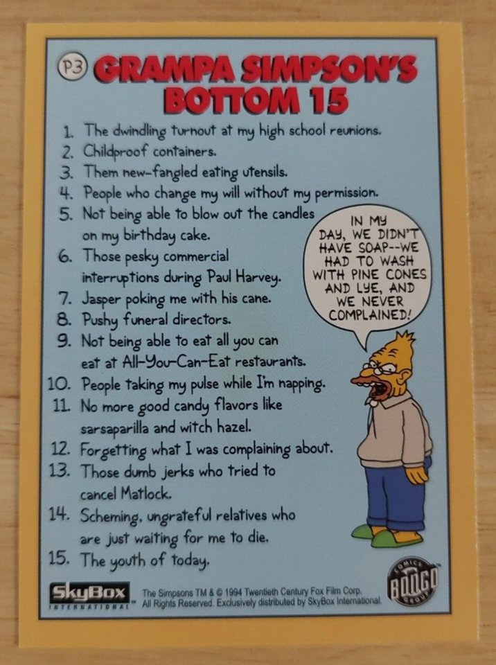 1994 Skybox THE SIMPSONS SERIES 2 #P3 SMELL-O-RAMA GRAMPA PROMO CARD | eBay