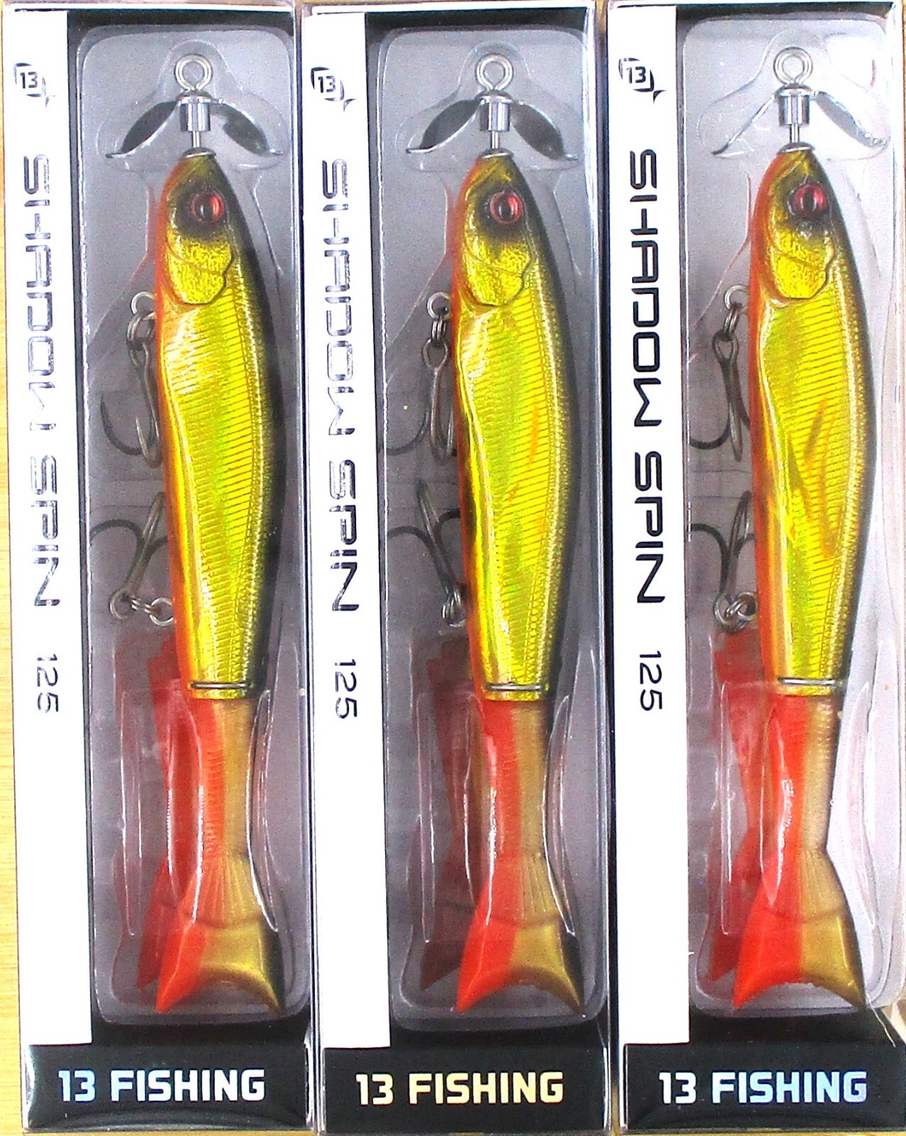 (3) 13 Fishing 5" Shadow Spin 125 3/4 Oz Prop Spy Bait Goldilocks Brand ...