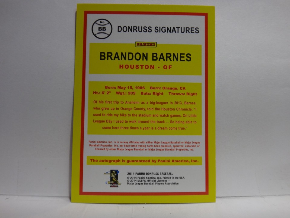 2014 Panini Donruss Signatures Brandon Barnes #BB Auto | eBay