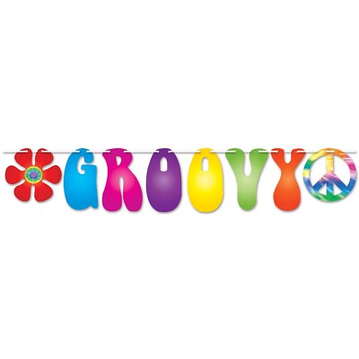 GROOVY STREAMER BANNER PARTY HANGING DECORATION HIPPIE FLOWER PEACE 60s ...