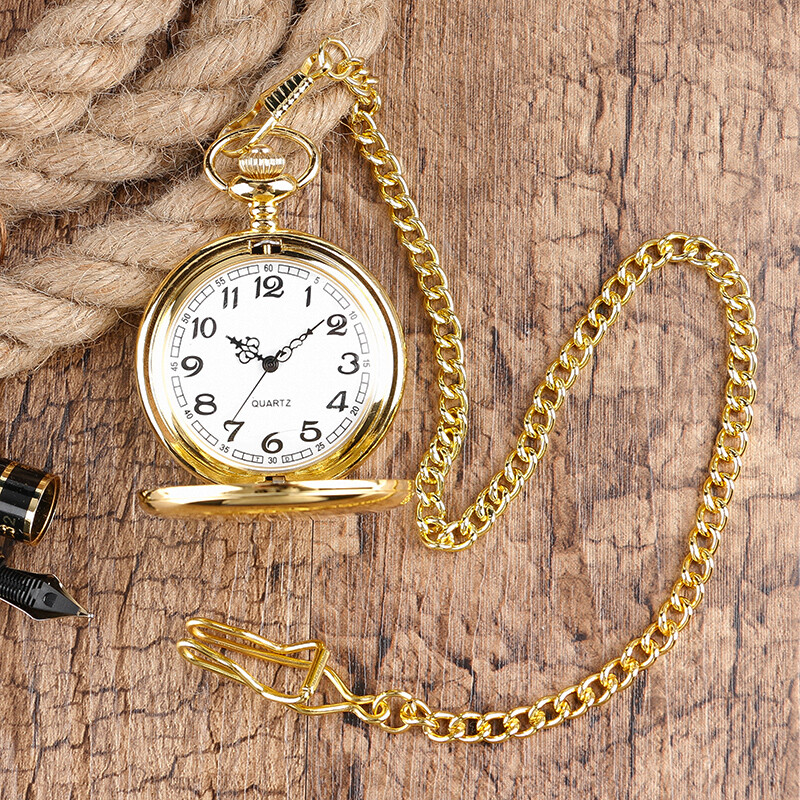 Golden Smooth Quartz Pocket Watch Fob Chain Arabic Numerals Dial for ...