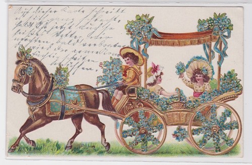 63863 Künstler Präge AK Kinder in Blumen geschmückter Pferdekutsche 1909 | eBay.de