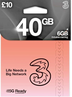 Three Sim Card with £10 Preloaded Credit 40GB Data Unlimited Calls and ...
