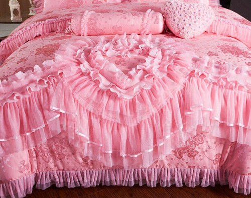 Pink Lace Princess Bedding Set King Queen Size Cotton Bed Duvet Cover ...