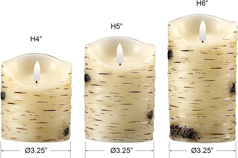 3 Pcs Flameless Birch LED Candles Moving Luminara Real Wax Battery ...
