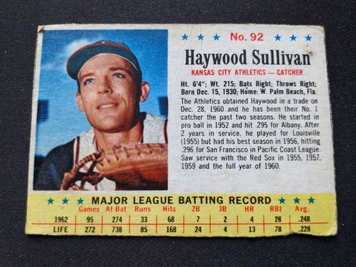 1963 Post Cereal Baseball Card # 92 Haywood Sullivan - Kansas City ...