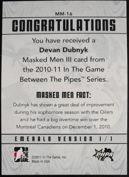 2010 - 2011 ITG Masked Men III Devan Dubnyk Emerald 1/1 #MM-16 Hockey ...