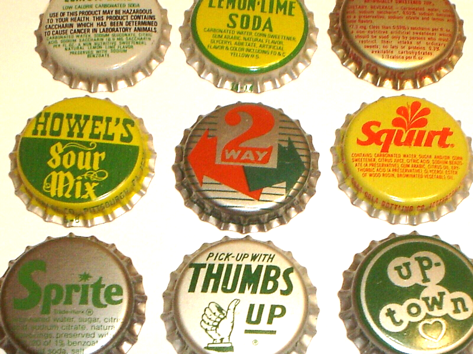 Vintage Lot 9 NOS Soda Bottle Caps Thumbs Up Up Town 7up Sprite 2 Way ...