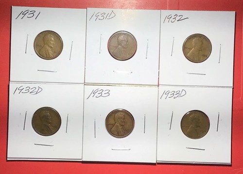 1931 1931D 1932 1932D 1933 & 1933D US LINCOLN CENTS Set of 6 Assorted ...