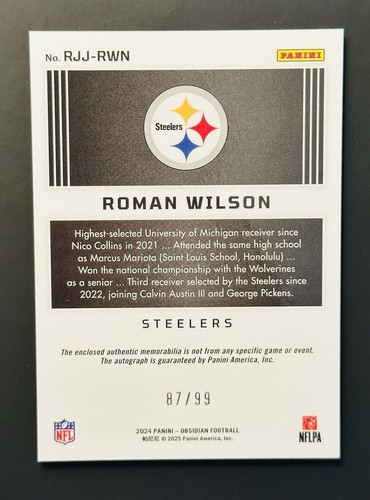 2024 Panini Obsidian ROMAN WILSON ROOKIE PATCH AUTO SILVER RPA /99 RC ...
