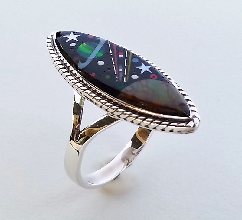 HANDCRAFTED CELESTIAL TURQUOISE INLAY STERLING SILVER SHAPE OVAL RING ...