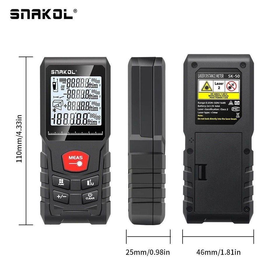 Laser Distance Meter 50M/165ft，Handle Digital IP54 Shockproof Laser ...