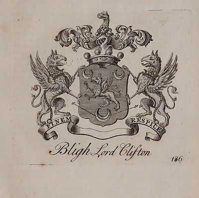 1779 ANTIQUE PRINT ~ BLIGH ~ FAMILY CREST COAT OF ARMS LORD CLIFTON ...
