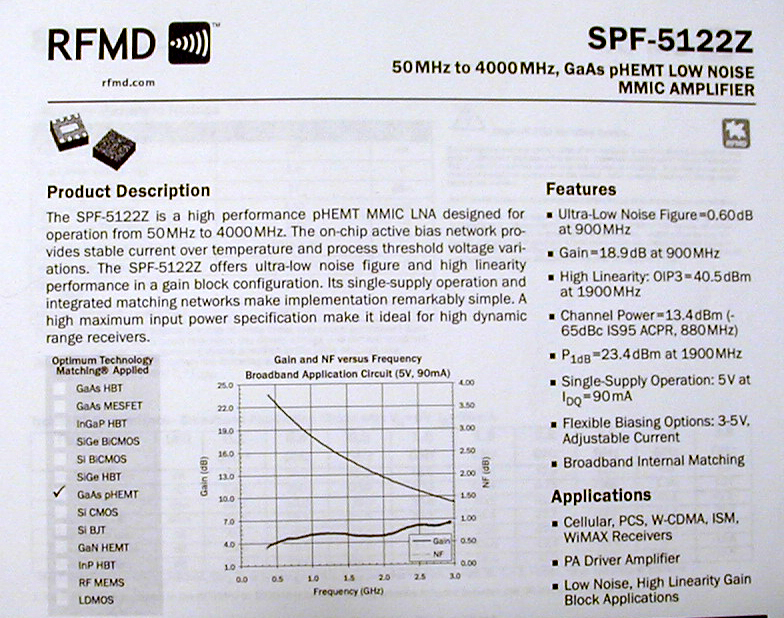 Wideband PHEMT Hi Dyn Range LNA brd RFMD SPF5122Z .2-2.4 GHz NOS 1 dB ...