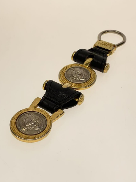 GIANNI VERSACE Key Chain Key Ring Bag Charm Double Medusa Leather Gold ...
