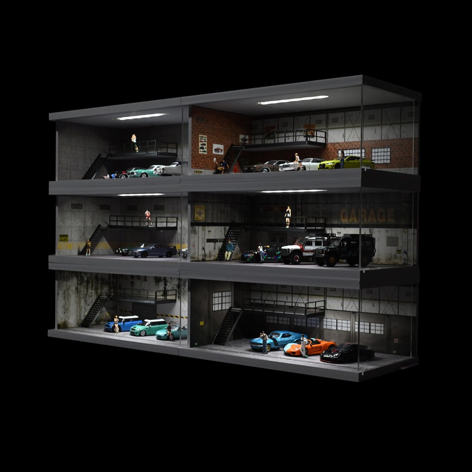 1/64 Diorama Garage Model LED Lighting Parking Lot Scene Display Case ...