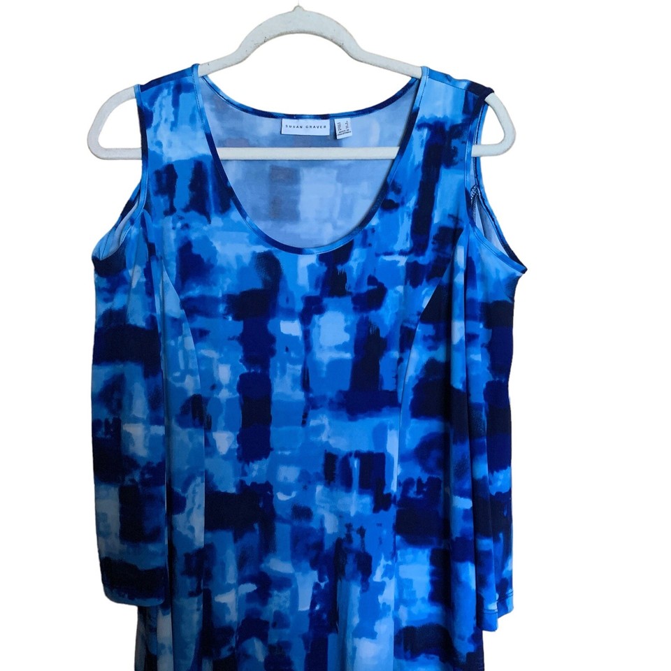 Susan Graver Midi Dress Womens Large Blue Watercolor Stretch Cold ...