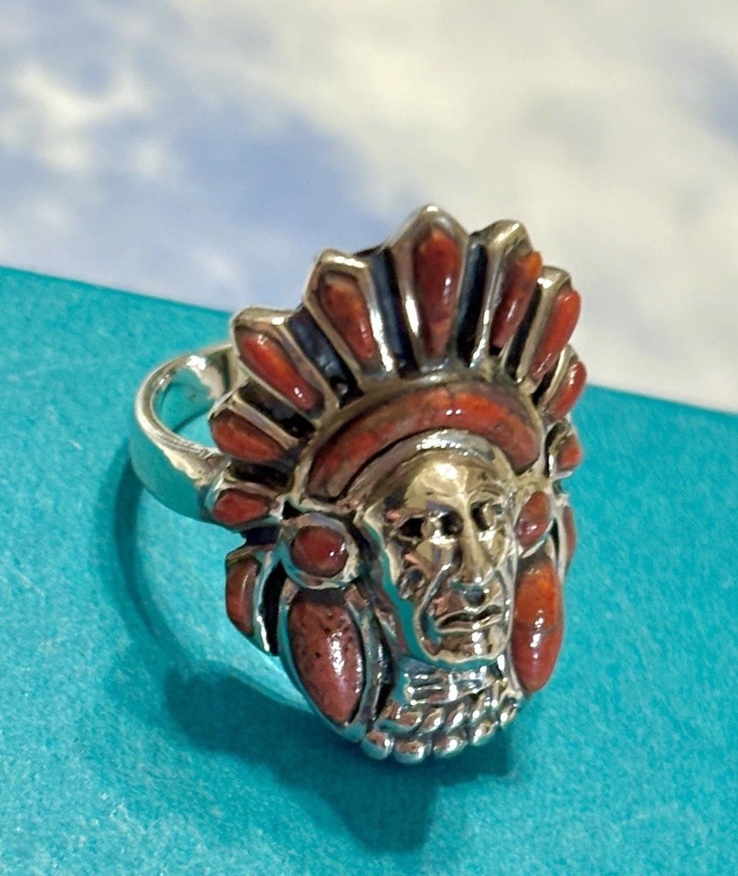 Santa Fe Southwestern Sterling Silver Coral INDIAN CHIEF HEAD 925 Ring ...