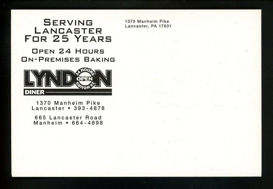 Restaurant postcard Pennsylvania PA Lancaster, Lyndon Diner advertising ...