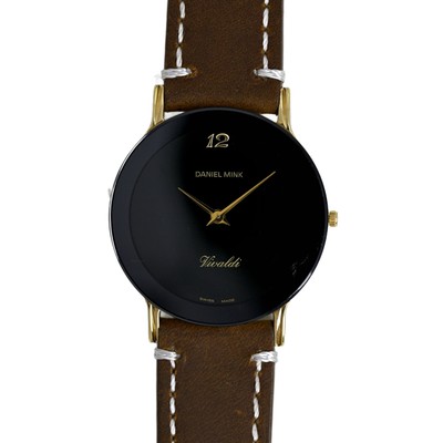 Daniel Mink Vivaldi Swiss Made Gold Plated Black Dial Brown Leather ...