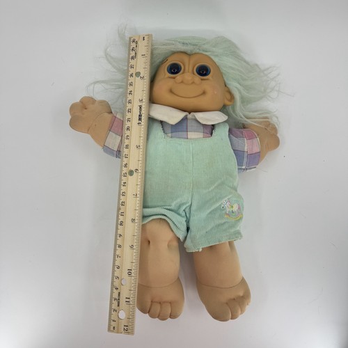 Vintage Russ Troll Doll Plush 16" Mint Green Overalls Rocking Horse 90s ...