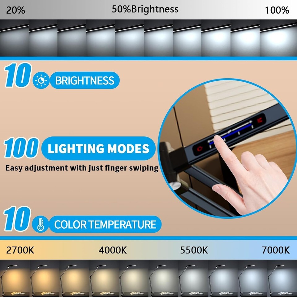Space Saving LED Desk Lamps,Touch Adjustment Swing Arm Desk Light with ...