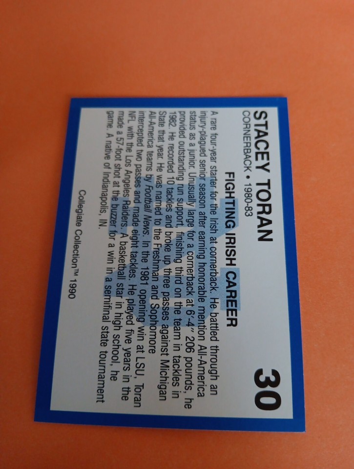 1990 Collegiate Collection Notre Dame #30 Stacey Toran Fighting Irish ...